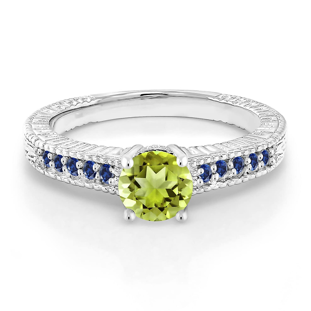 Gem Stone King 925 Sterling Silver Round 6MM Green Peridot and Blue Created Sapphire Engagement Ring For Women | 1.05 Cttw | Gemstone Birthstone | Size 5,6,7,8,9