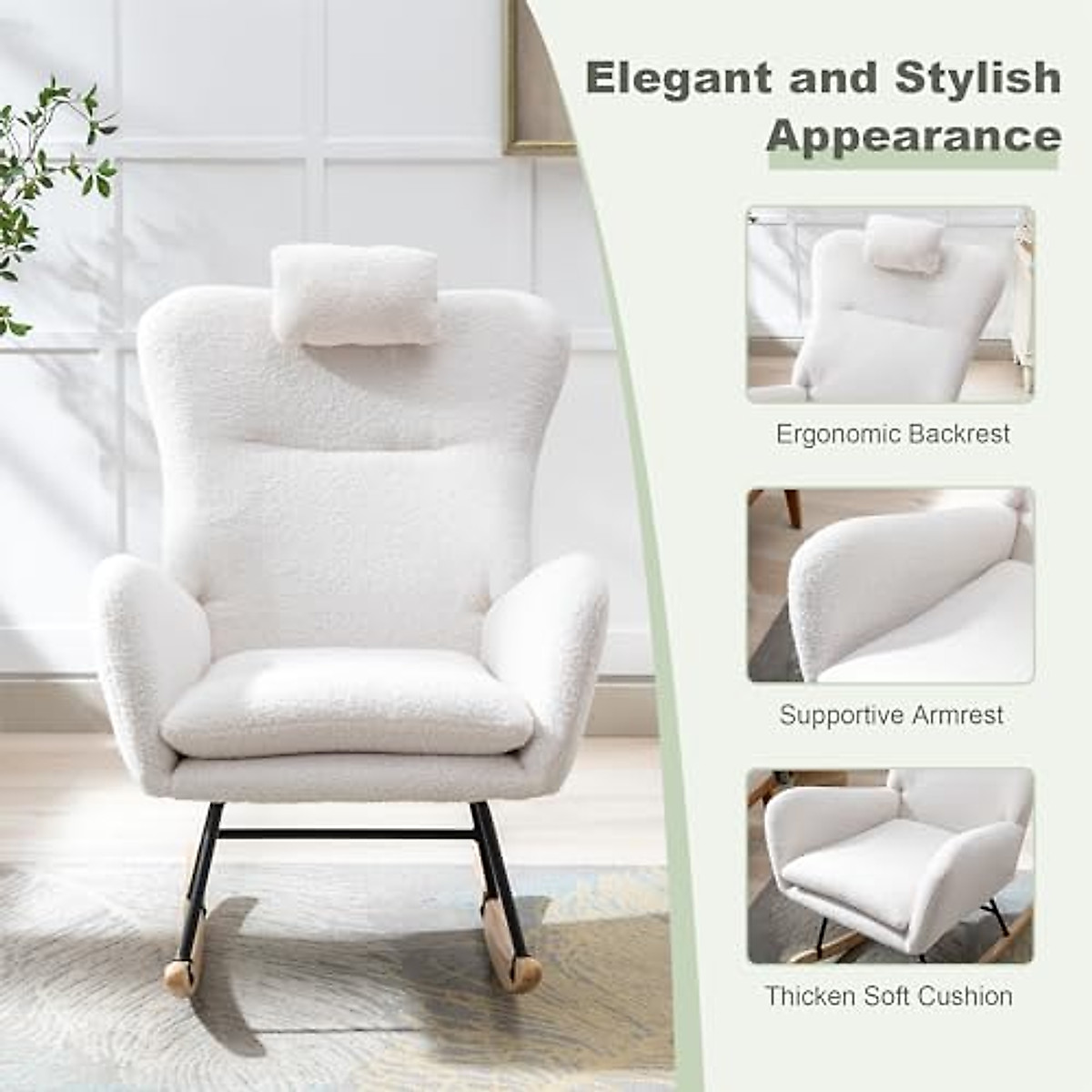 HForesty Teddy Rocking Chairs, Glider Chair for Nursery with Armrests, Upholstered Velvet Nursery Chair with Headrest, Glider Rocker with Backrest, Comfy Chair for Bedroom, Living Room, Kitchen