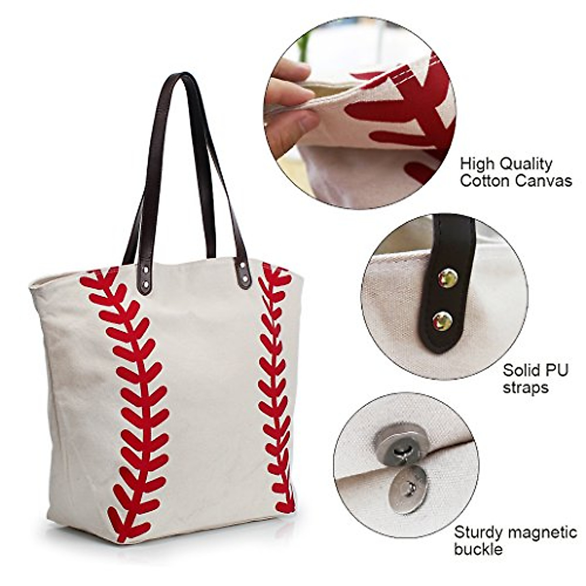 YIQIGO Baseball Bag Handbag for Woman Shopping Bag Travel Bag Canvas Casual Bag with Softball Varsity Gym Shoulder Handbag (Off White)