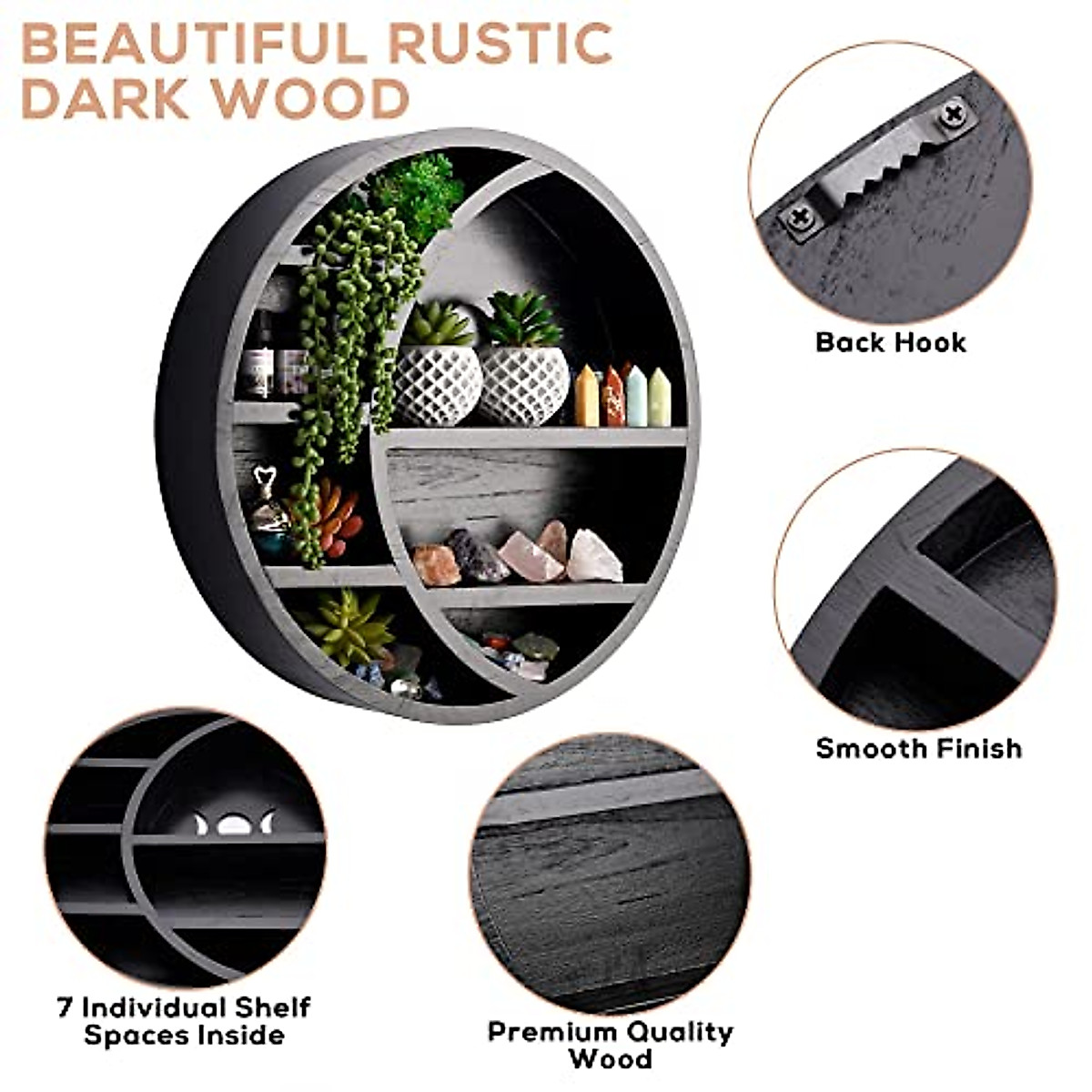 The Poppy Store Large 17" Moon Shelf – Ideal for Crystal Decor, Essential Oils, Witchy Room, and Boho Art Display - Decorative Crystals Wall Shelf - Easy Mount - Paulownia Wood – Black