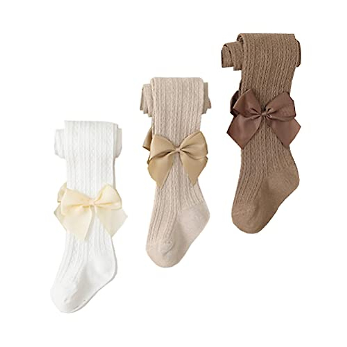 Bafeicao 3 Pack Baby Girls Tights Cable Knit Seamless Leggings with Bow Toddler Girl Cotton Pantyhose, White+Khaki+Coffee, 6-12M