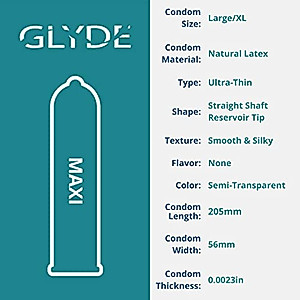 GLYDE Maxi - XL Fit Condoms - 12 Count - Ultra-Thin, Vegan, Non-Toxic, Large Size Natural Rubber Latex, 56mm for Generous Fit