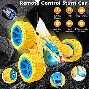 Qumcou Remote Control Car, RC Cars Stunt Car Toys for Kids, 2.4Ghz High Speed Double-Sided 360°Rotating Toy Cars with Cool Headlights, Christmas Birthday Gifts for Boys Girls Age 6-12（Yellow）