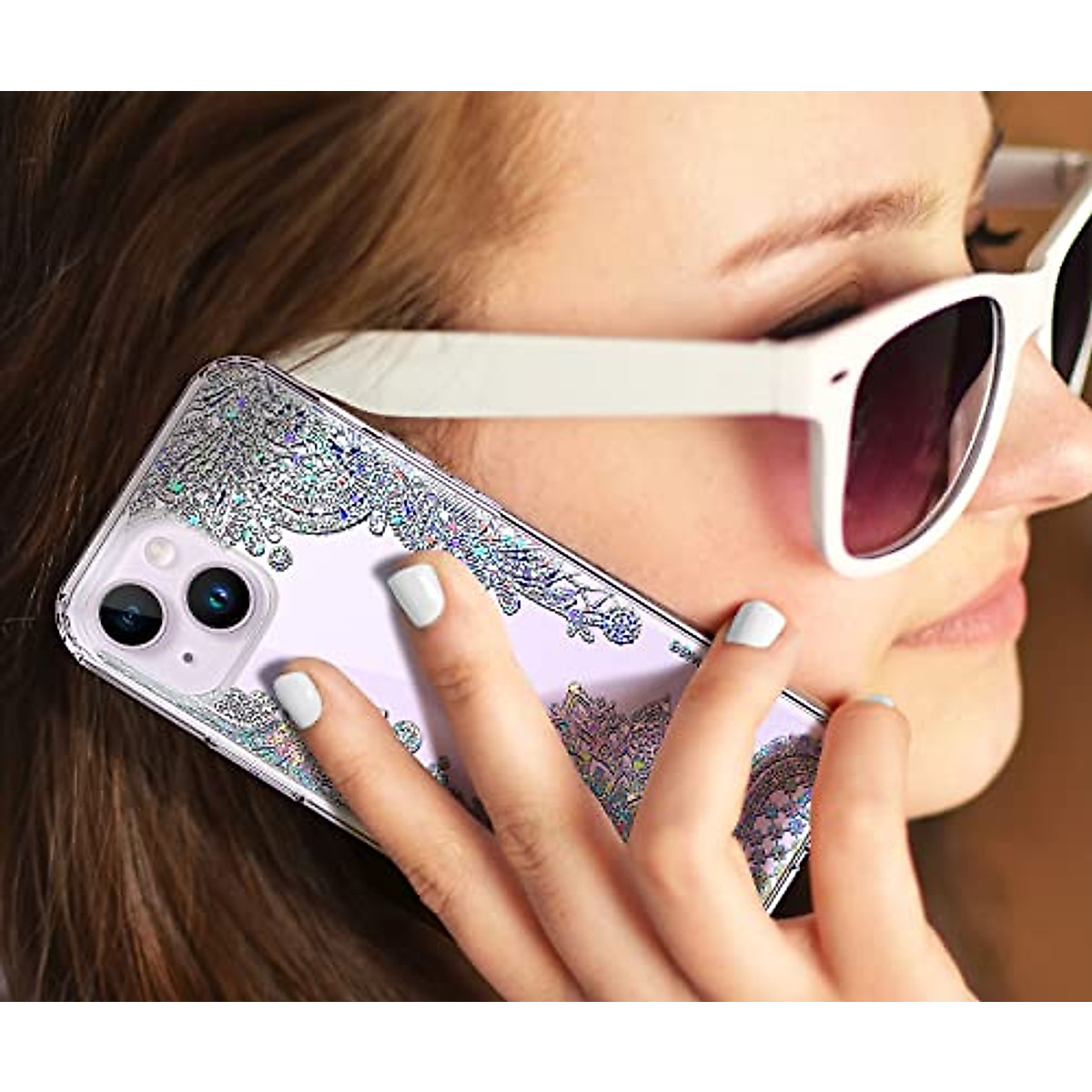 Coolwee Anti Yellowing Clear Glitter Compatible iPhone 14 Case, 6.1 inch, Military Grade Drop Protection Slim Crystal Lace Bling Floral Hard PC Soft TPU Bumper Cover Mandala Henna