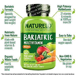 NATURELO Bariatric Multivitamin - One Daily with Iron - Supplement for Post Gastric Bypass Surgery Patients - Natural Whole Food Nutrition - 60 Veggie Capsules