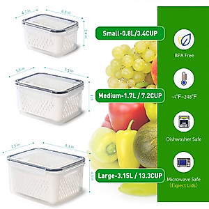 Pack of 3 Fruit Fresh Produce Protector, Grape Container for Fridge, Fruit Saver Lettuce Container with Drain Colanders, Partitioned Salad Container, Refrigerator Organizer for Lettuce Berry Food (3)