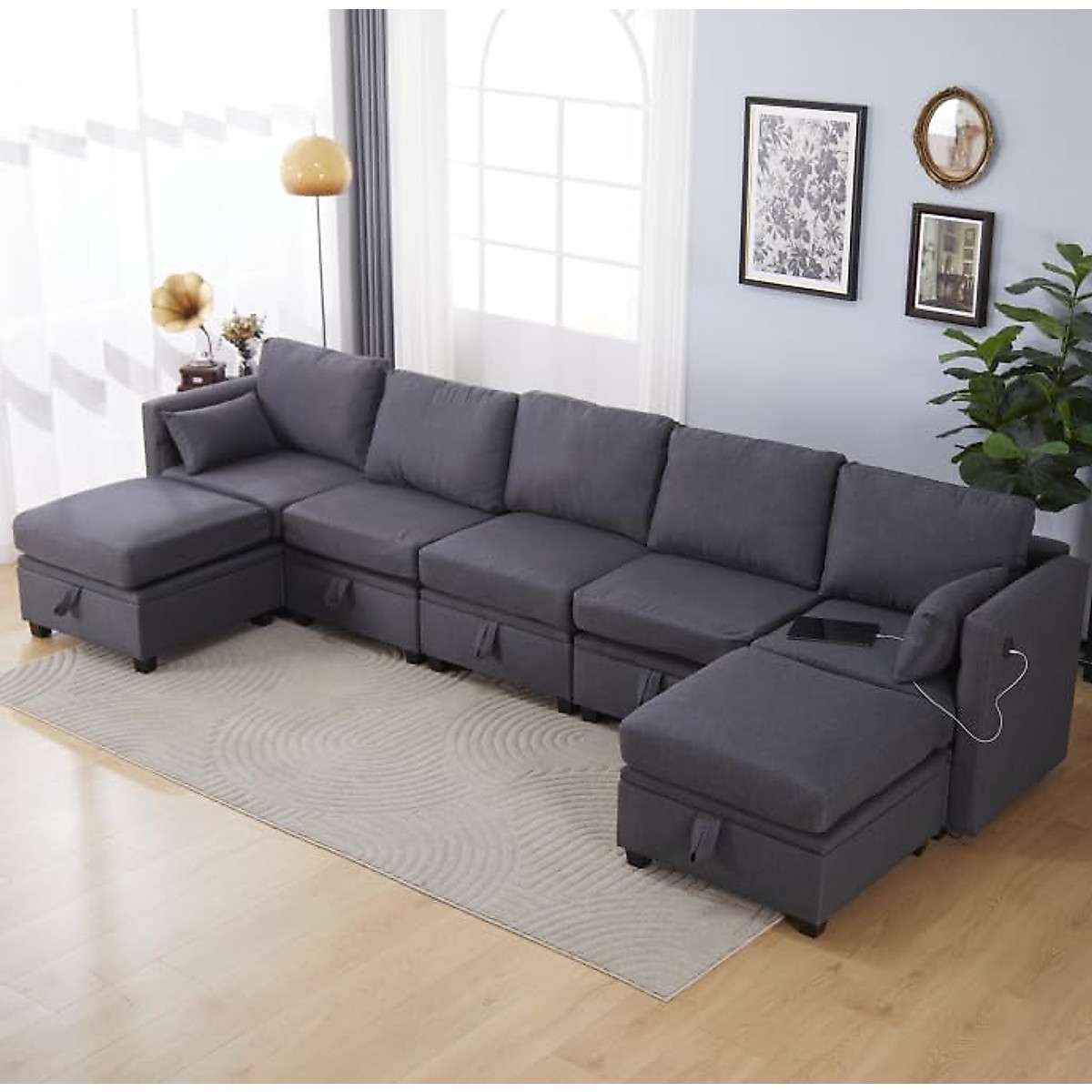 RVEE U-Shaped Convertible Sectional Sofa with USB Charging Station Wide Chaise Lounge Modern Modular Couch with Ottomans Sleeper Sofa with Storage Seat (Dark Gray, U-Shaped 7 Seater B)