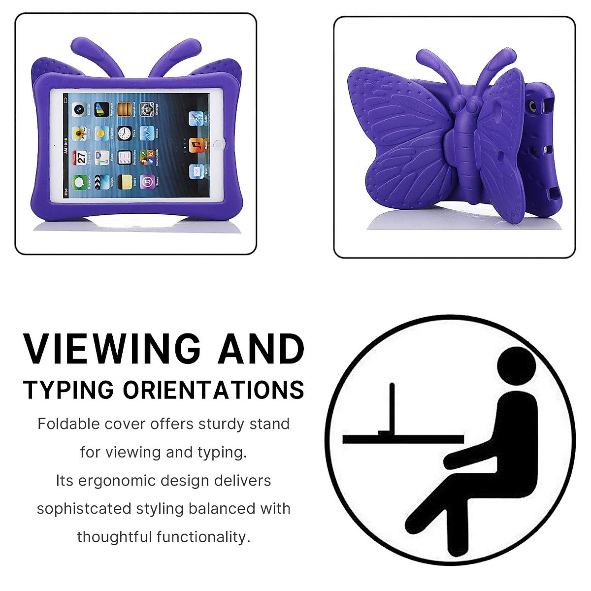 Simicoo iPad 7 8 9 10.2 Kids Case 3D Cute Butterfly 10.2 inch ipad 9th 8th Generation Tablet Case For Kids Girls Light weight EVA Foam Stand Shockproof Rugged Heavy Duty Kid Friendly iPad Cover Purple