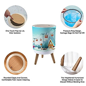 Small Trash Can with Lid Winter vacation active weekend leisure in mountain resort cartoon Waste Bin with Wood Legs Press Cover Wastebasket Round Garbage Bin for Kitchen Bathroom Bedroom Office