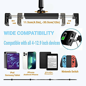 iPad Tablet Holder for Bed - Arm Height Adjustable Tablet Floor Stand Metal 360° Rotating iPad Clamp Mount for iPad Pro, iPad Air, iPad Mini, Kindle Reading and Other 4.7~12.9'' Phones and Tablets