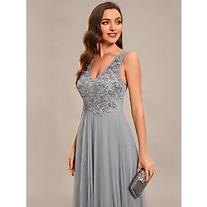Ever-Pretty Women's Flowy Appliques V Neck A Line Sleeveless Tulle Pleated Evening Gowns Gray US8