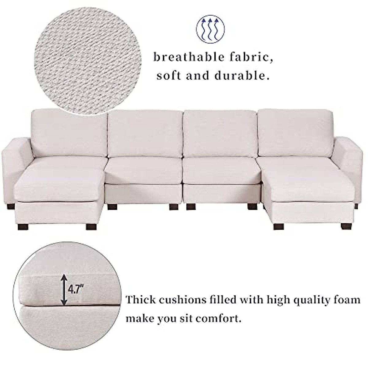 P PURLOVE Modern Large Sectional Sofa, U Shape Upholstered Couch, Sofa sectionals for Living Room with Removable Ottomans, for Living Room Apartment, Beige