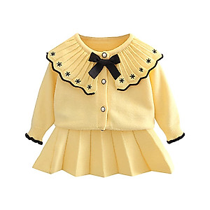 Toddler Baby Girls Outfit Knitted Buttons Sweater Tops Mini Skirt Bowknot Ruffle Long Sleeve Autumn Winter Clothes Set Pleated Skirt Knit Cardigan Sweater Coat Fall Winter Outfits Yellow 5-6 Years