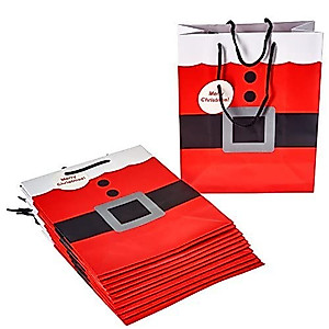 PREXTEX 12 Pack of Santa Claus Suit Christmas Bags - 7 Inch Tall Medium Size Gift Bags, Santa Themed Christmas Gift Bags Bulk for Kids, Adults, Employees Presents