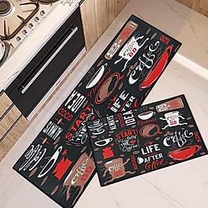 Tayney Coffee Doodle Kitchen Rugs and Mats Non Skid Washable Set of 2, Life Begins After Coffee Kitchen Mats for Floor, Chocolate Cafe Kitchen Runner Rug, Funny Kitchen Decor