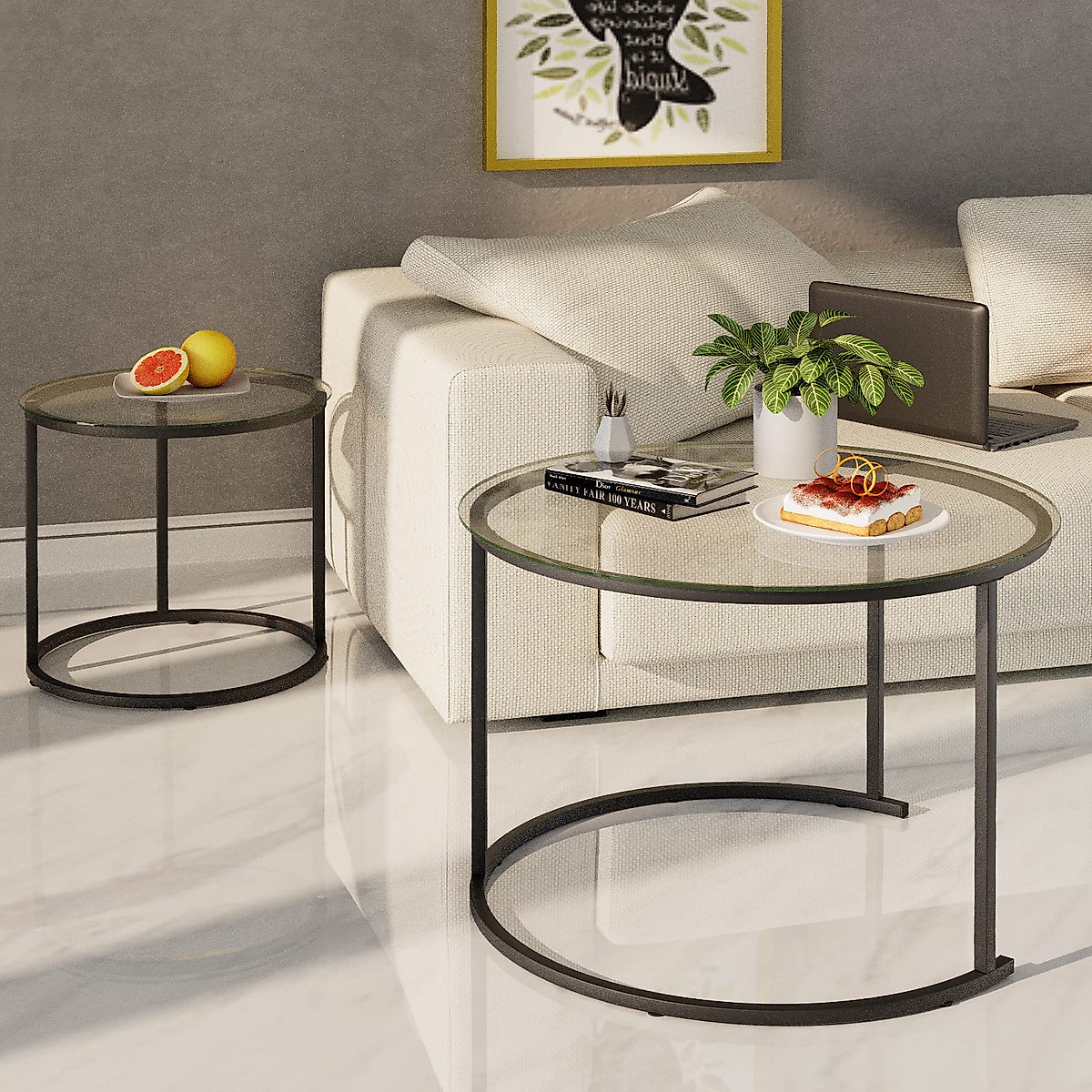 Azheruol Nesting Coffee Table Set of 2,Modern Black Tempered Glass Side Table, Metal Frame Round End Table.Small Glass Tea Table for Living Room,Bedroom Studio Apartment Essentials，17.7IN