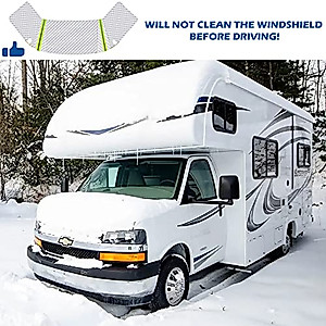 Big Hippo Windshield Cover RV Window Sunshade Cover for Class C Ford E450 1997-2022 Motorhome, UV Block Offer Complete Privacy with Reflective Strips RV Accessories 4 Layers with Mirror Cutouts Silver