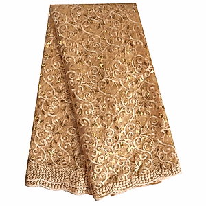 SanVera17 African Lace Net Fabrics Nigerian French Fabric Embroidered and Sequins Leaves for Party Wedding 5 Yards (Gold)