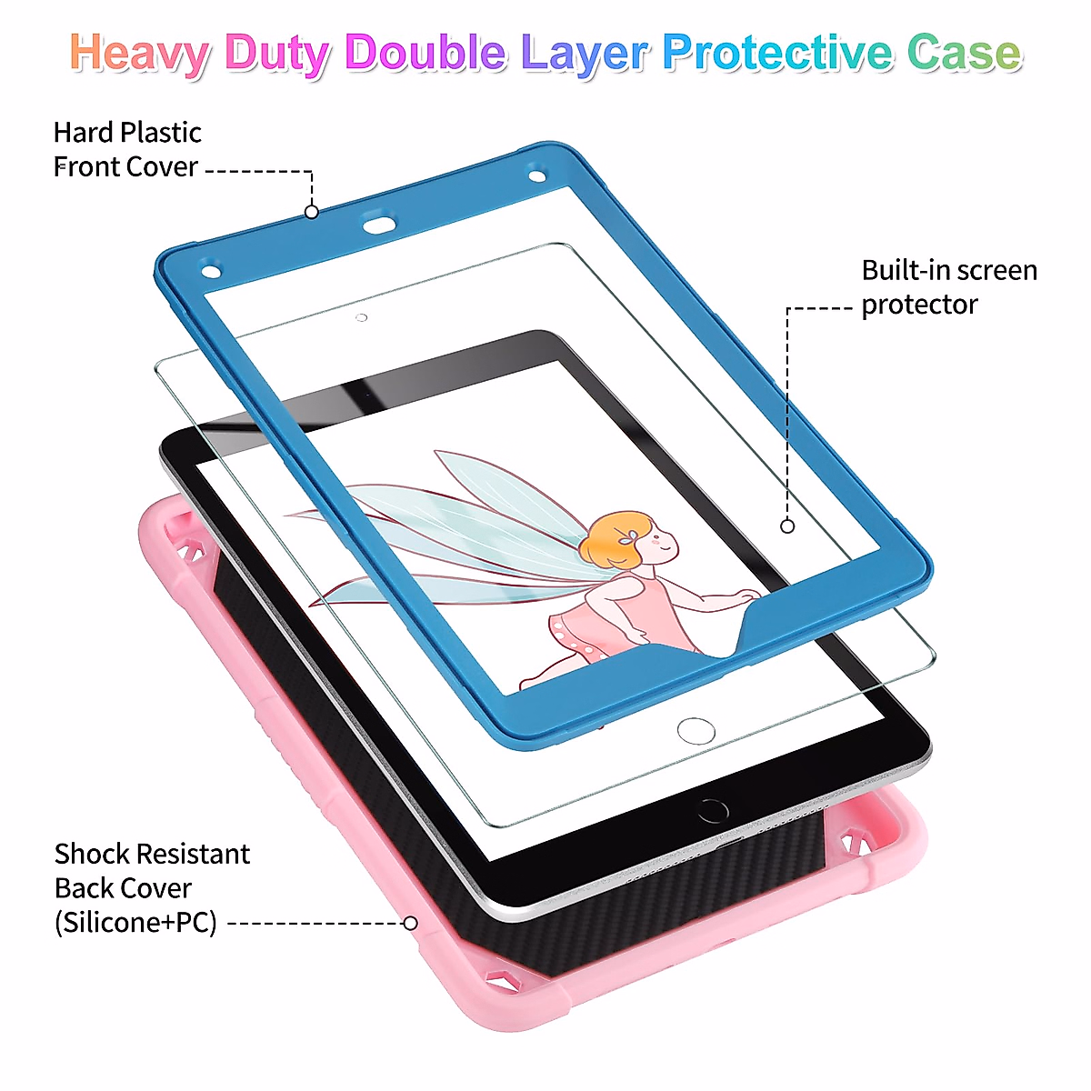 VOFUOE for iPad 6th/5th Generation Case with Screen Protector for iPad 9.7 Case 2018 2017 Butterfly Stand Strap Dolls Pencil Holder Kids Girls Hard Cover for iPad Pro for iPad Air 2th 9.7''-Pink Blue