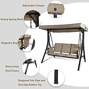 Kozyard Brenda 3 Person Outdoor Patio Swing with Strong Weather Resistant Powder Coated Steel Frame and Textilence Seats (Tan)