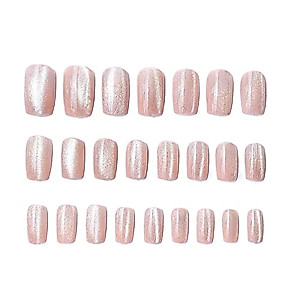 Press on Nails Cat Eye Effect Glossy Full Cover Short Almond False Nails for Women and Girls,24 Pcs Acrylic Nail Tips with Adhesive Tabs