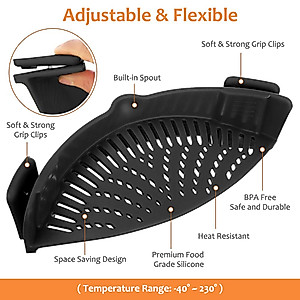 YEVIOR Clip on Strainer for Pots Pan Pasta Strainer, Silicone Food Strainer Hands-Free Pan Strainer, Clip-on Kitchen Food Strainer for Spaghetti, Pasta, Ground Beef Fits All Bowls and Pots - Black