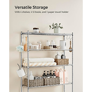 SONGMICS 4 Tier Over The Toilet Storage, Metal Storage Rack, Adjustable Shelves, 4 Hooks, Roll Holder, Space-Saving Bathroom Storage Shelf Organizer, 11.8 x 32.7 x 69.3 Inches, Silver Gray UBTS023G01
