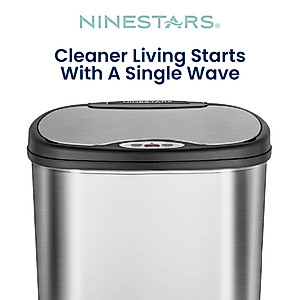 Ninestars DZT-50-13 Automatic Touchless Motion Sensor Oval Trash Can with Black Top, 13 gallon/50 L, Stainless Steel