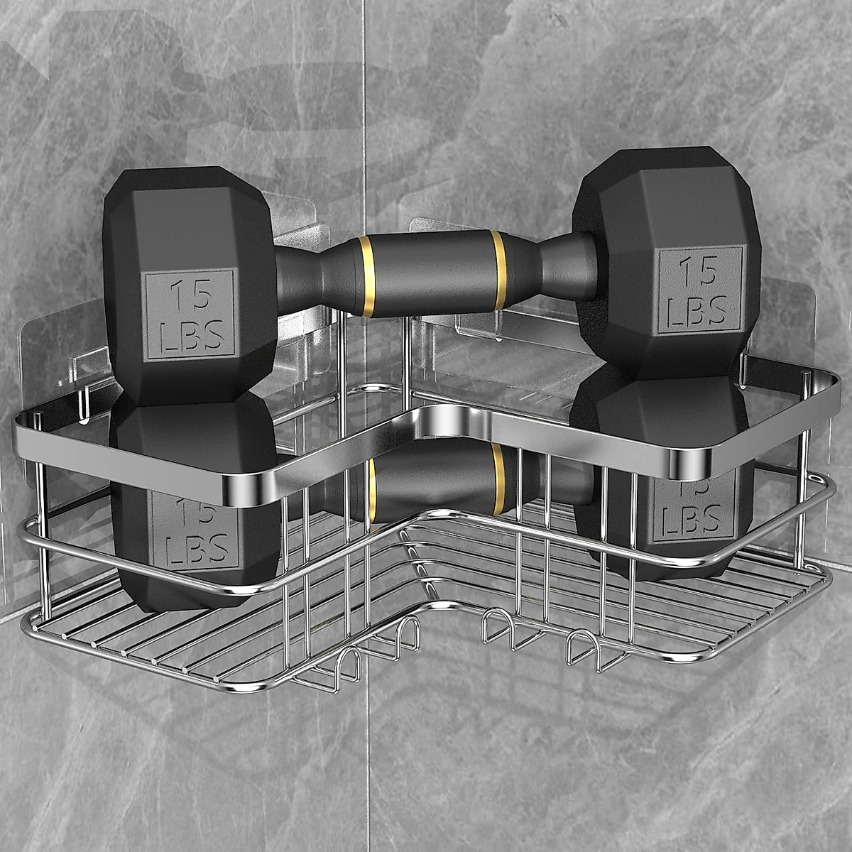 Yazoni Corner Shower Caddy, Adhesive Shower Shelves No Drilling [2-Pack], Rustproof Stainless Steel Bathroom Shower Organizer with 8 Hooks, Shower Shelf for Inside Shower (Silver)