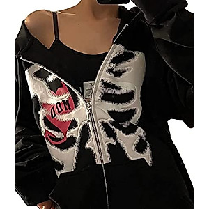 Women's Y2K Vintage Graphic Zip Up Hoodie Oversized Casual Drawstring Hoodie E-Girl 90s Streetwear Jacket Tracksuit(C-black,L)