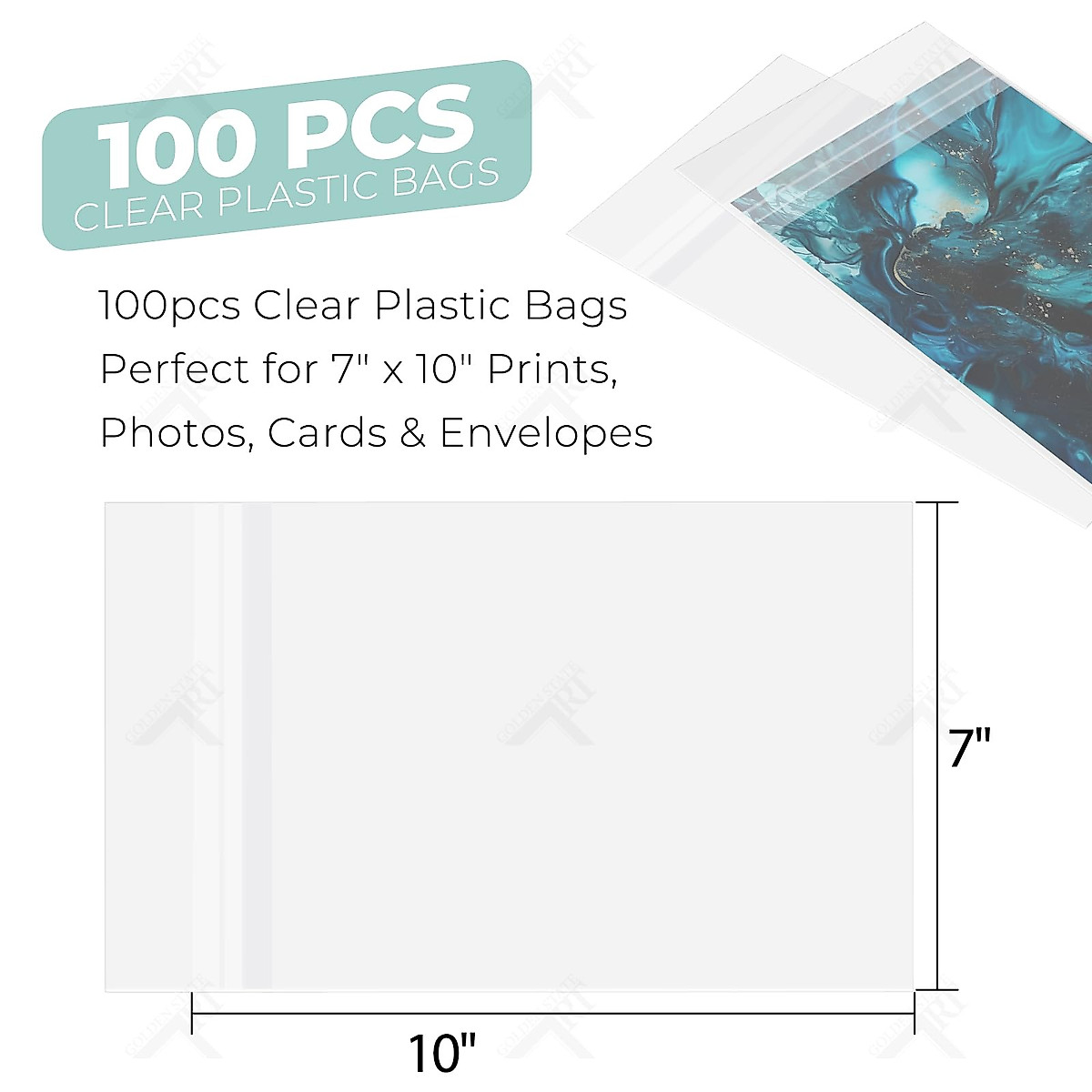 Golden State Art, 100 Pack 7X10 Inch Acid-Free Crystal Clear Sleeves Storage Bags, Resealable Cellophane Bags for Prints, Photos, Cards & Envelopes, Party Decorative
