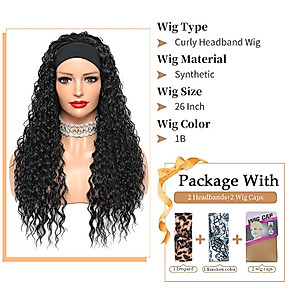 Alicoco Headband Wig Curly Headband Wigs for Women 180% Density Water Wave Glueless Wig Synthetic half Wig with Headbands Attached (26 Inch, 1B)