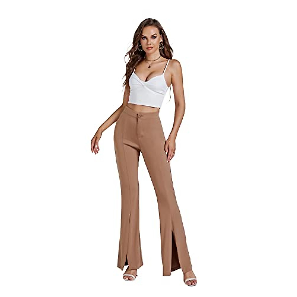 LYANER Women's Elastic High Waist Flare Leg Split Front Elegant Long Pants with Pockets Khaki X-Large