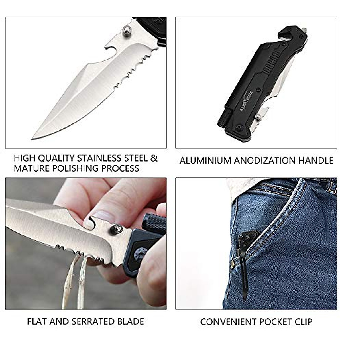 ALBATROSS Best 6-in-1 Survival Tactical Military Folding Pocket Knives with LED Light,Seatbelt Cutter,Glass Breaker,Magnesium Fire Starter,Bottle Opener;Multi-Function Emergency Tool(Black/Satin)