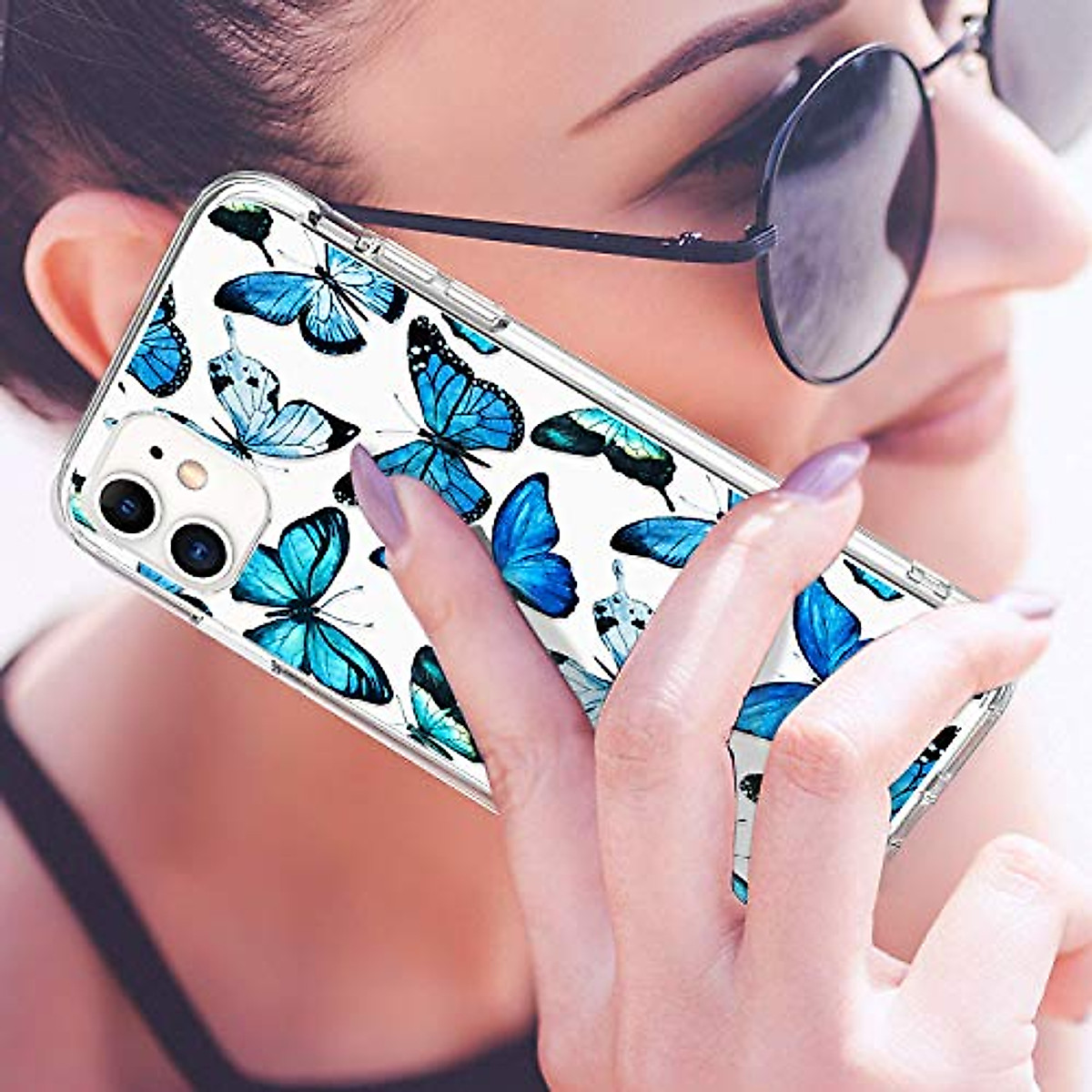 LUHOURI LUHOURI iPhone 11 Case with Screen Protector, Clear Fashion Designs Protective Phone Cover for Women Girls, Slim Fit Durable Acrylic Phone Case for iPhone 11 6.1" Blue Butterflies Flower