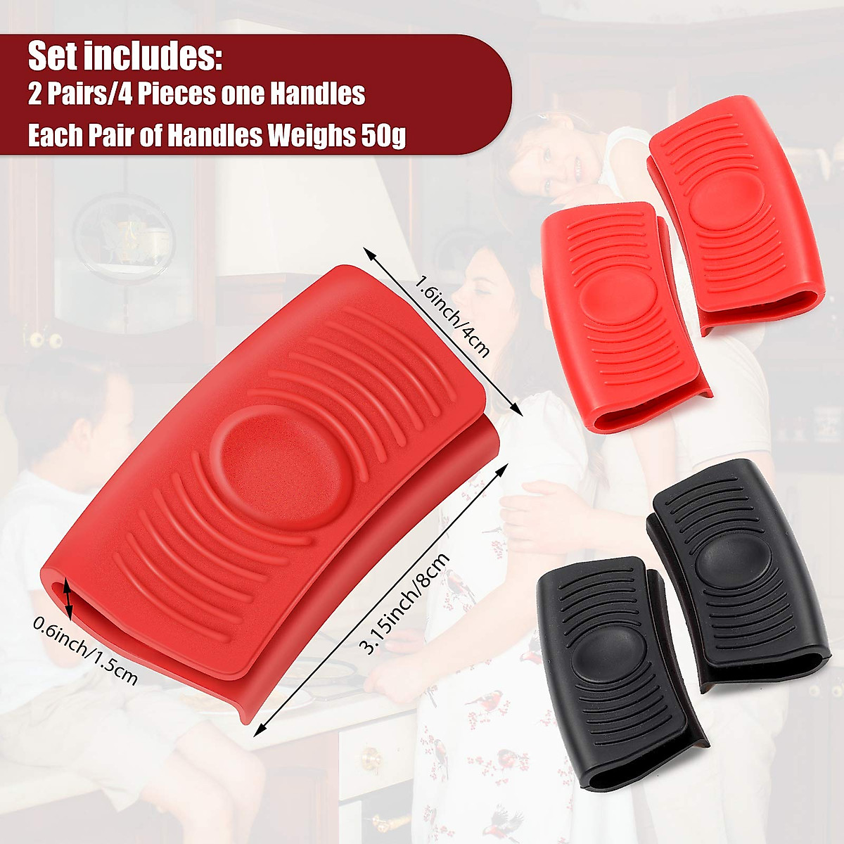 2 Pairs Silicone Assist Handle Holder Heat Insulated Hot Pot Grip Handle Cover Sleeve Grip for Cast Iron Woks, Pans, Griddles, Skillets, Plates (Red and Black)
