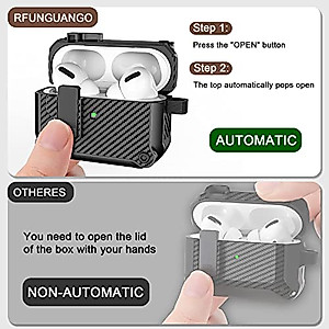 RFUNGUANGO AirPods Pro 2nd /1st Generation Case Cover, Automatic Pop-up Carbon Fiber Case with Secure Lock Clip, Full Body Shockproof Hard Shell Protective Case for AirPods Pro-Black