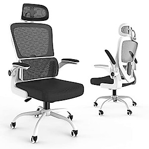 Laziiey Home Office Desk Chairs Ergonomic Chair with Lumbar Support Flip Up Arms Mesh Computer Chair with Comfortable Wide Seat Adjustable Headrest (White)