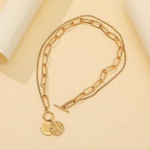 Gold Chunky Thick Link Chain Necklace Compass Coin Pendant Toggle Necklace Charm Minimalist Jewelry for Women Men Teen Girls