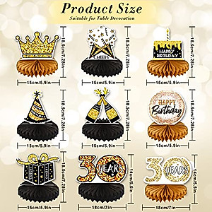 KIMOBER 9PCS 30th Birthday Honeycomb Centerpieces,Black Gold 30 Years Birthday Table Toppers for Thirty Years Birthday Party Decorations