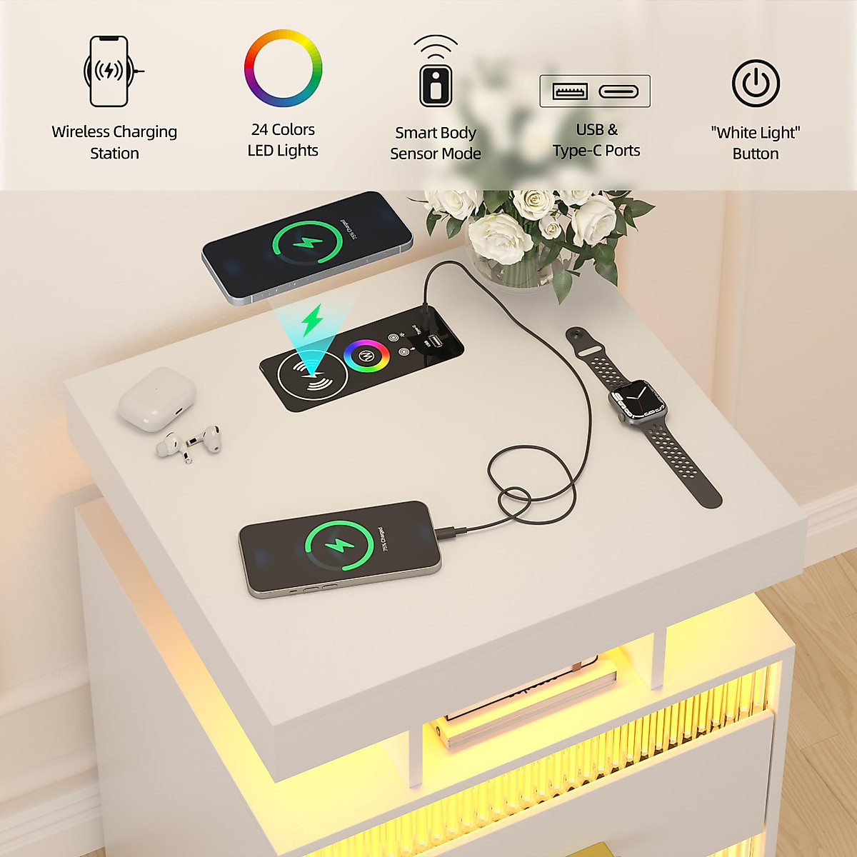 Nightstand with Charging Station, Modern Night Stand with 2 Drawers, Bedside Table with 24 Colors LED Lights and Human Sensor for Bedroom/Livingroom(White)
