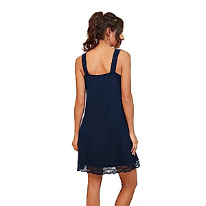 PrinStory Women's Loose Full Slips Lace Nightgown Chemise Sleepwear Cotton Jersey Nightdress US Large Navy Blue