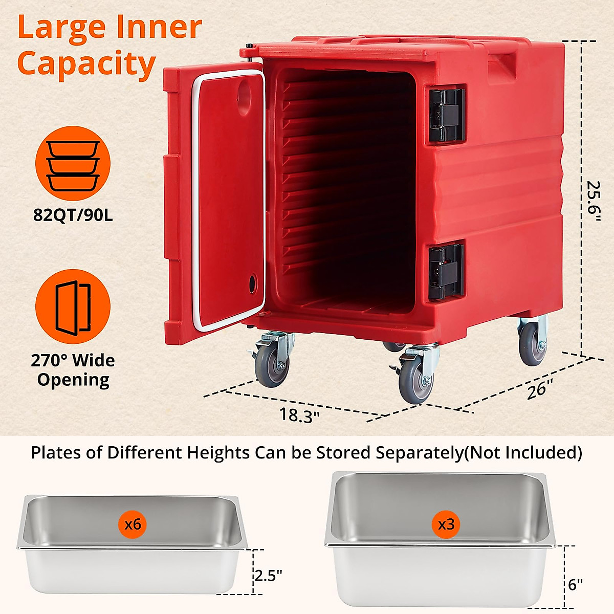Portable Food Warmer 82Qt-Hot Box, Lldpe Food Box Carrier Double, End Loader Wheels, Easy Transport, Good Insulation, Strong Sealing, Durable, Ideal for Family Gathering, Canteen, Restaurant, Red