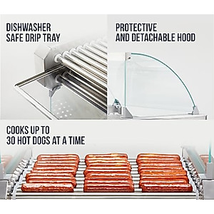 SYBO Hot Dog Roller, 30 Hot Dogs 11 Rollers Grill Cooker Machine with Removable Stainless Steel Drip Tray and Glass Hood Cover, 1430-Watts, Perfect for Commercial And Party