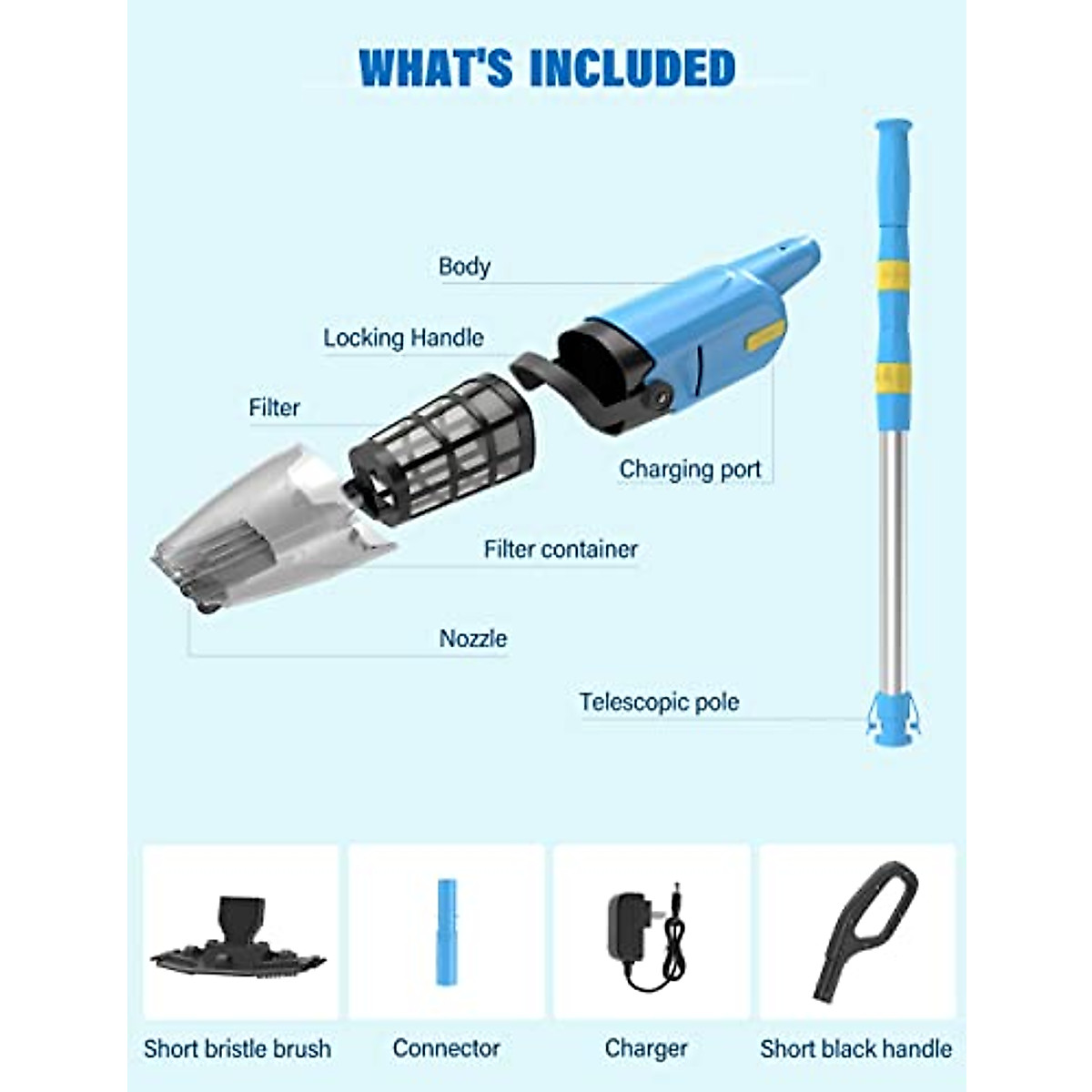 Efurden Handheld Pool Vacuum, Rechargeable Pool Cleaner with Running Time up to 60-Minutes Ideal for Above Ground Pools, Spas and Hot Tub for Sand and Debris, Blue