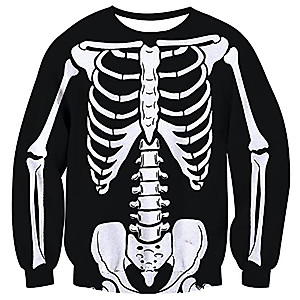 RAISEVERN Mens Halloween Sweatshirts Skeleton Print Funny White Bone Pullover Long Sleeve Shirts Black Cool Holiday Festival Sweater for Women