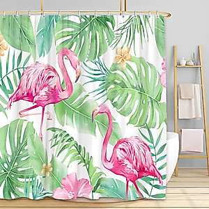 FEIERMAN Tropical Pink Flamingo Shower Curtain Art Decor Green Teal Palm Leaves Flower Modern Animal Style Bathroom Curtain Decor Set with Hooks 70x70Inches