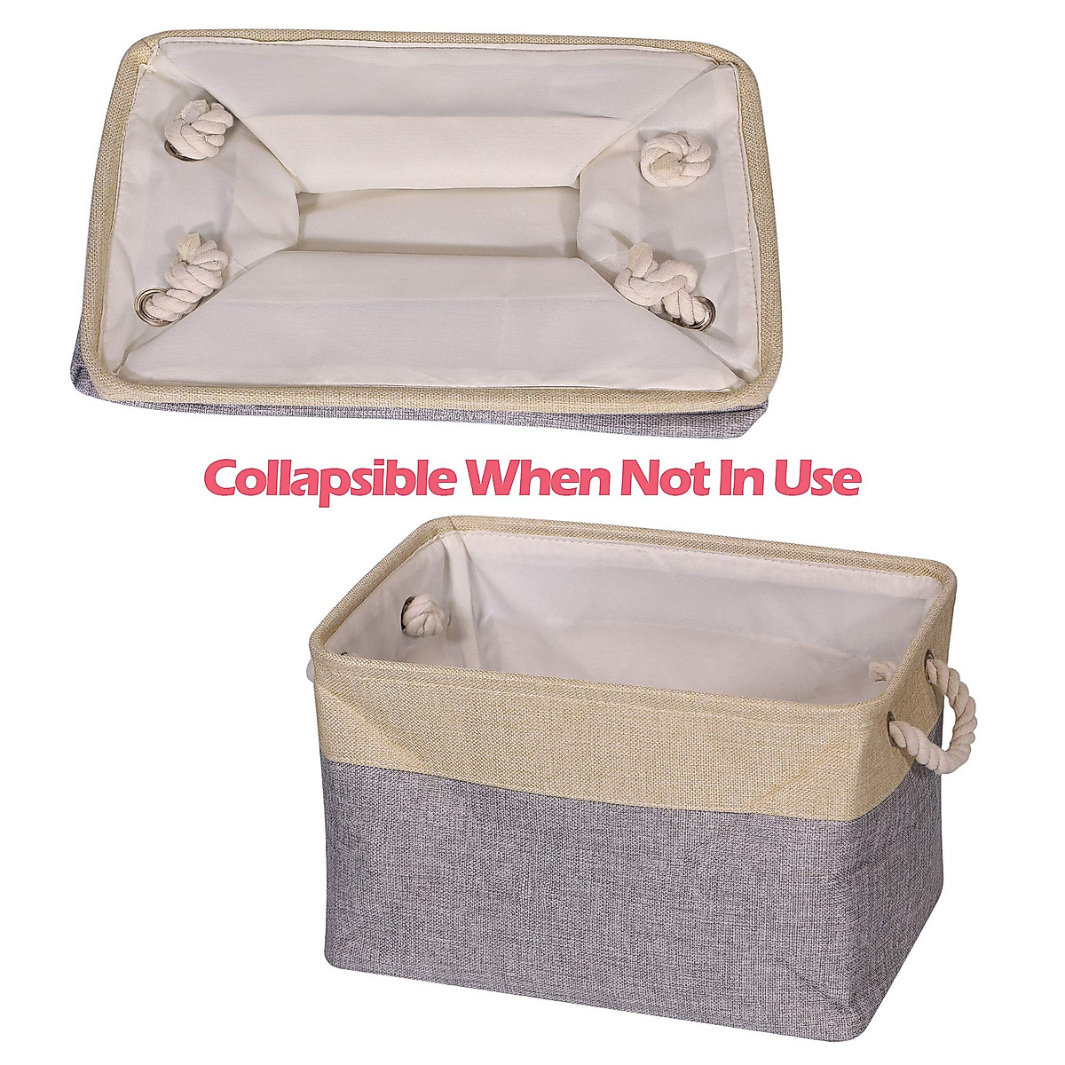 TENABORT Set of 4 Large Storage Basket Bin, Foldable Storage Cube Box Canvas Fabric Collapsible Organizer with Handles for Closet Home Office Clothes Shelf Nursery, Grey and Beige