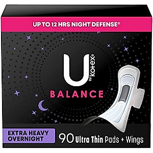 U by Kotex Balance Ultra Thin Overnight Pads with Wings, Extra Heavy Absorbency, 90 Count (Packaging May Vary)