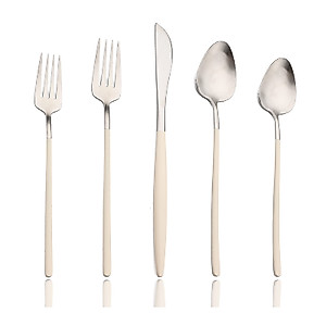 JASHII Slim Handle Silverware Set 20 Pieces, 304 Stainless Steel Colorful Flatware Set, Titanium Plating Cutlery Set, Utensil Sets for Home Dinner Service for 4, Dishwasher Safe - Beige&Silver